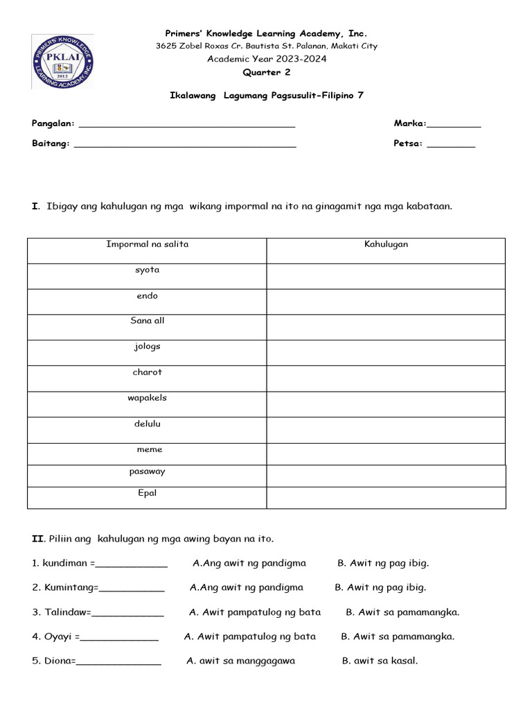 FILIPINO 7 Quarterly EXAM 2 | PDF