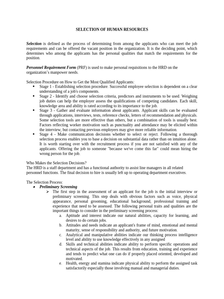 Selection of Human Resources | PDF | Employment | Human Resources