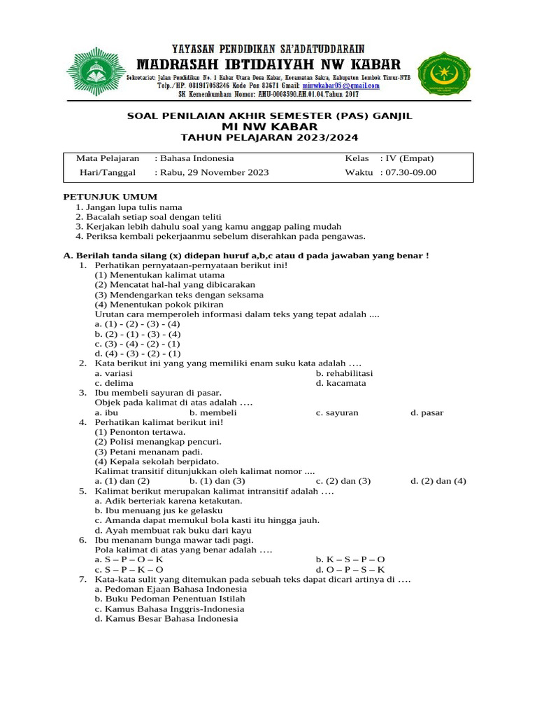 Soal PAS Bhs iNDONESIA GANJIL 2023 | PDF | Seni & Disiplin Bahasa | Kajian Bahasa Asing