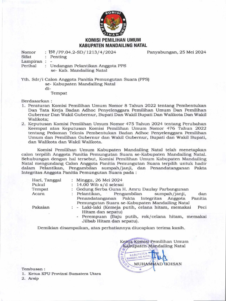 Undangan Pelantikan Untuk Calon Anggota Pps | PDF