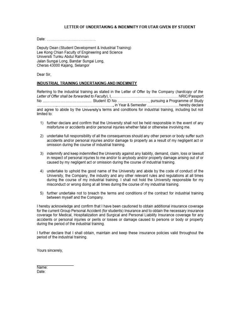 Indemnity for Industrial Training at UTAR | PDF | Indemnity | Insurance