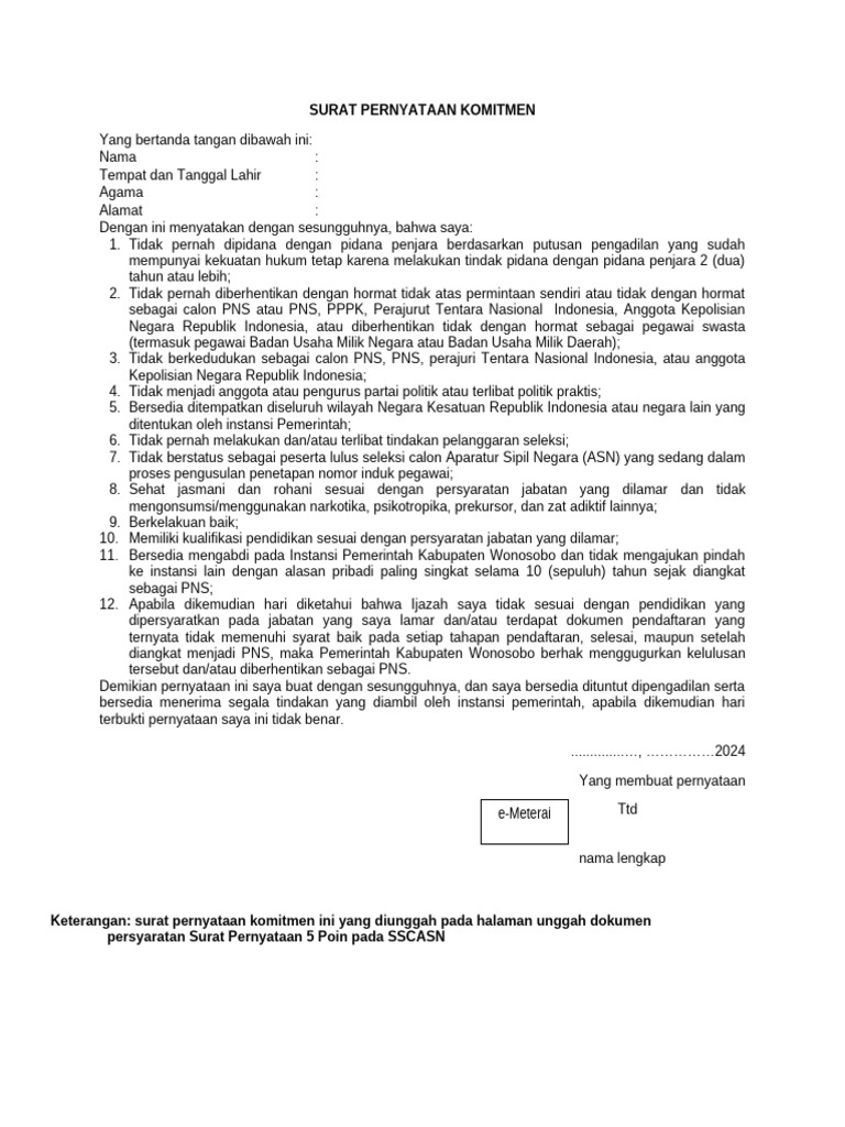 Contoh Surat Pernyataan Komitmen | PDF