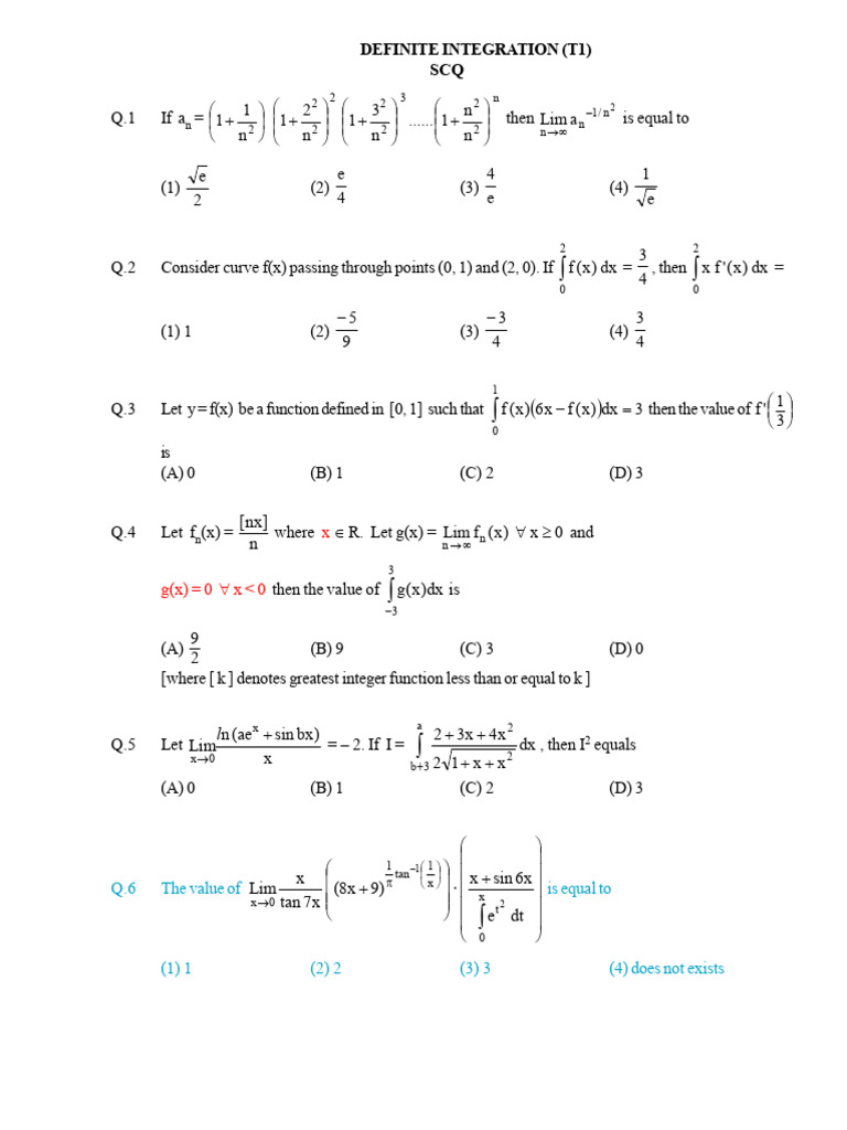 Definite Integration Test 1 | PDF | Mathematical Physics | Calculus