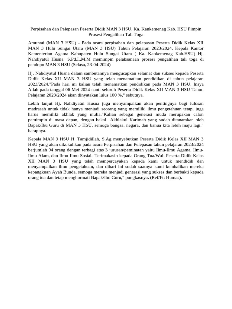 MAN 3 HSU - Perpisahan & Pengukuhan Peserta Didik Kelas XII Tahun Pelajaran 2023-2024 | PDF ...