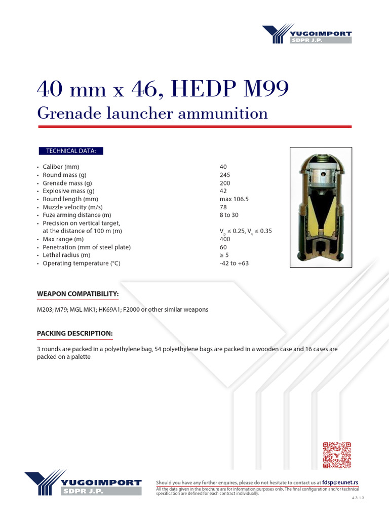 40 MM X 46, HEDP M99: Grenade Launcher Ammunition | PDF