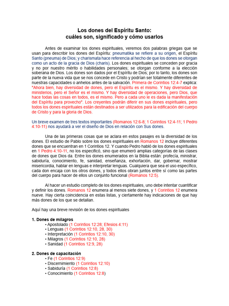Dones Espirituales: Tipos y Usos | PDF | Primera epístola a los ...