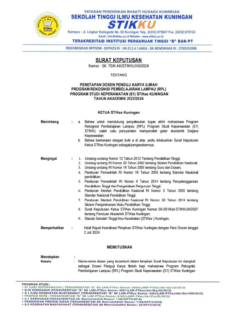 SK Penguji Karya Ilmiah Perawat RPL 2024s | PDF