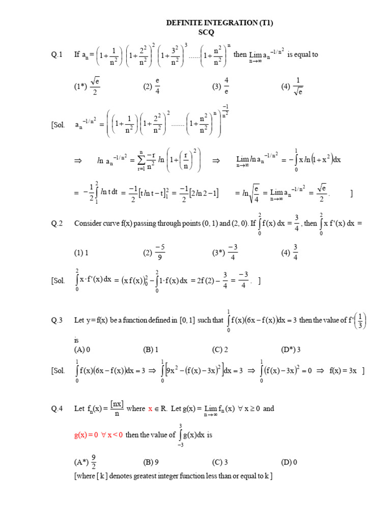 Definite Integration Test 1 (With Solutions) | PDF | Elementary ...