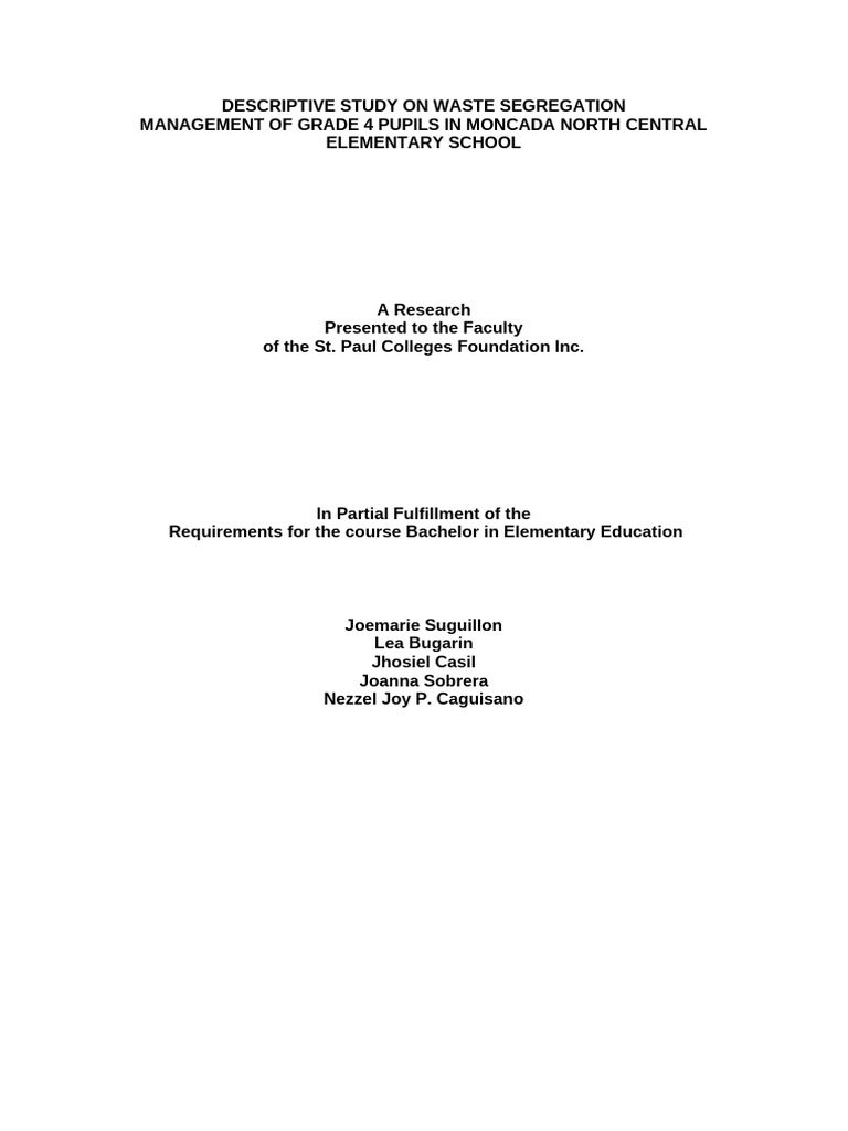 Descriptive Study On Waste Segregation Management of Grade 4 Students ...