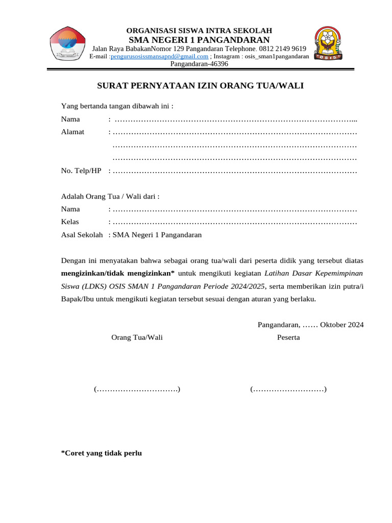 Surat Izin Orang Tua untuk LDKS OSIS | PDF