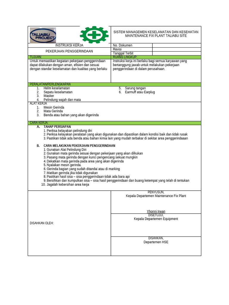 Instruksi Kerja Penggerindaan Aman | PDF