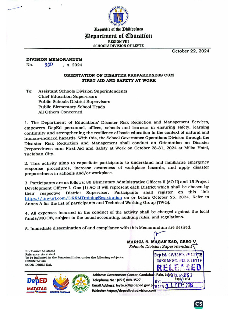 Div. Memo 800 Orientation On Disaster Preparedness Cum First Aid and ...