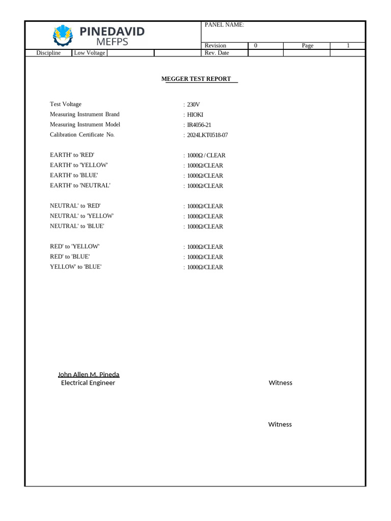 Megger Test Report Form | PDF