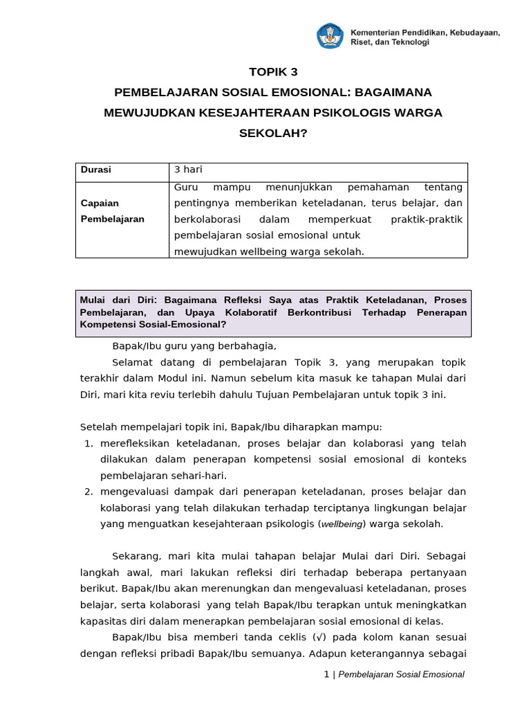 Modul 2 Topik 3 (Modul PSE) - PSE Bagaimana Mewujudkan Kesejahteraan Psikologis Warga Sekolah | PDF