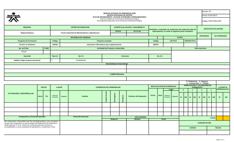 F009-P006 GFPI Plan de Mejoramiento | PDF