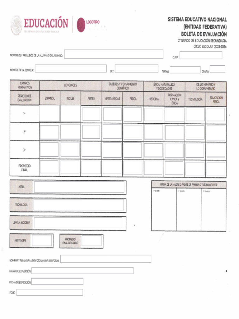 Formato Boleta de Evaluación Editable 2023-2024 | PDF