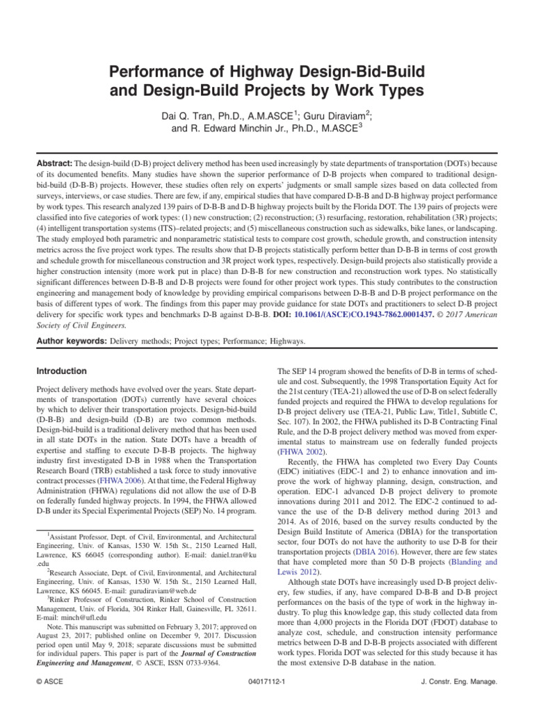 Performance of Highway Design-Bid-Build and Design-Build Projects by ...