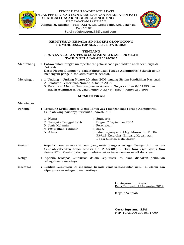 SK Tenaga Administrasi Sekolah | PDF