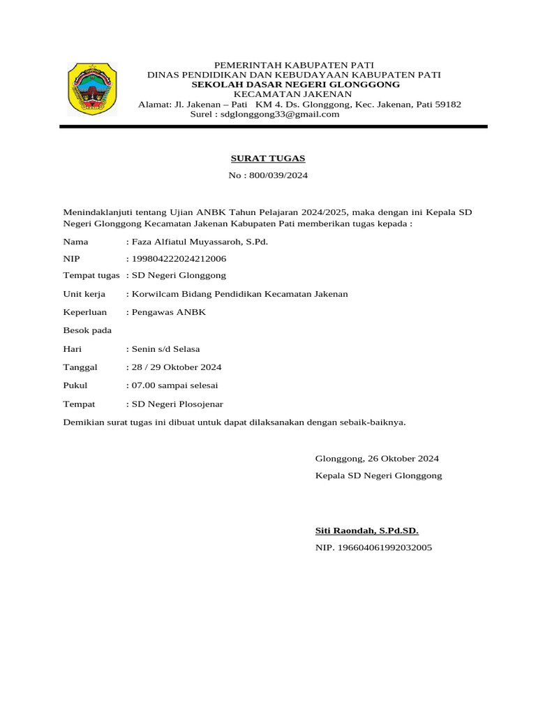 Surat Tugas Pengawas ANBK | PDF