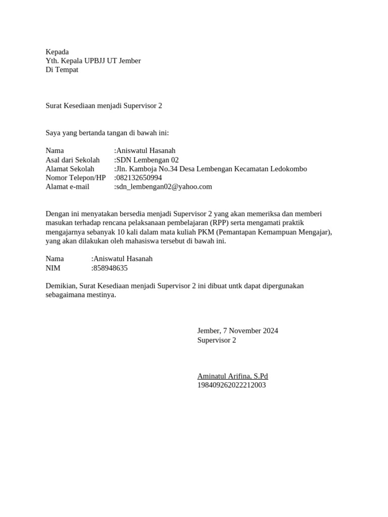 Anis Surat Kesediaan Supervisor | PDF