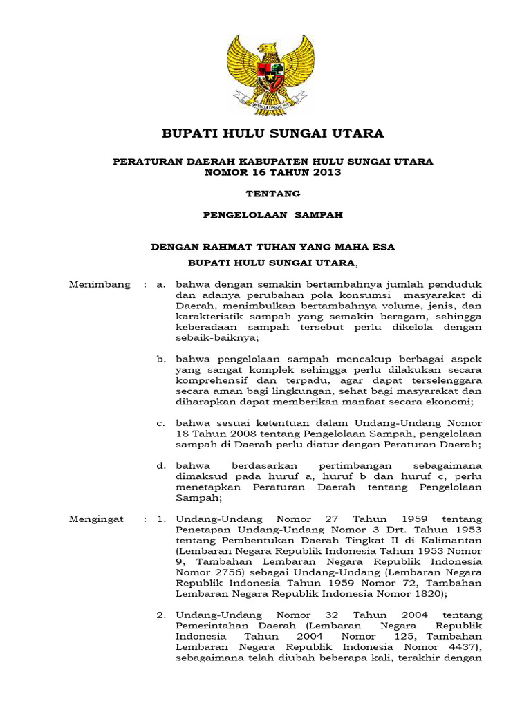 Perda No.16 Tahun 2013 TTG Pengelolaan Sampah | PDF