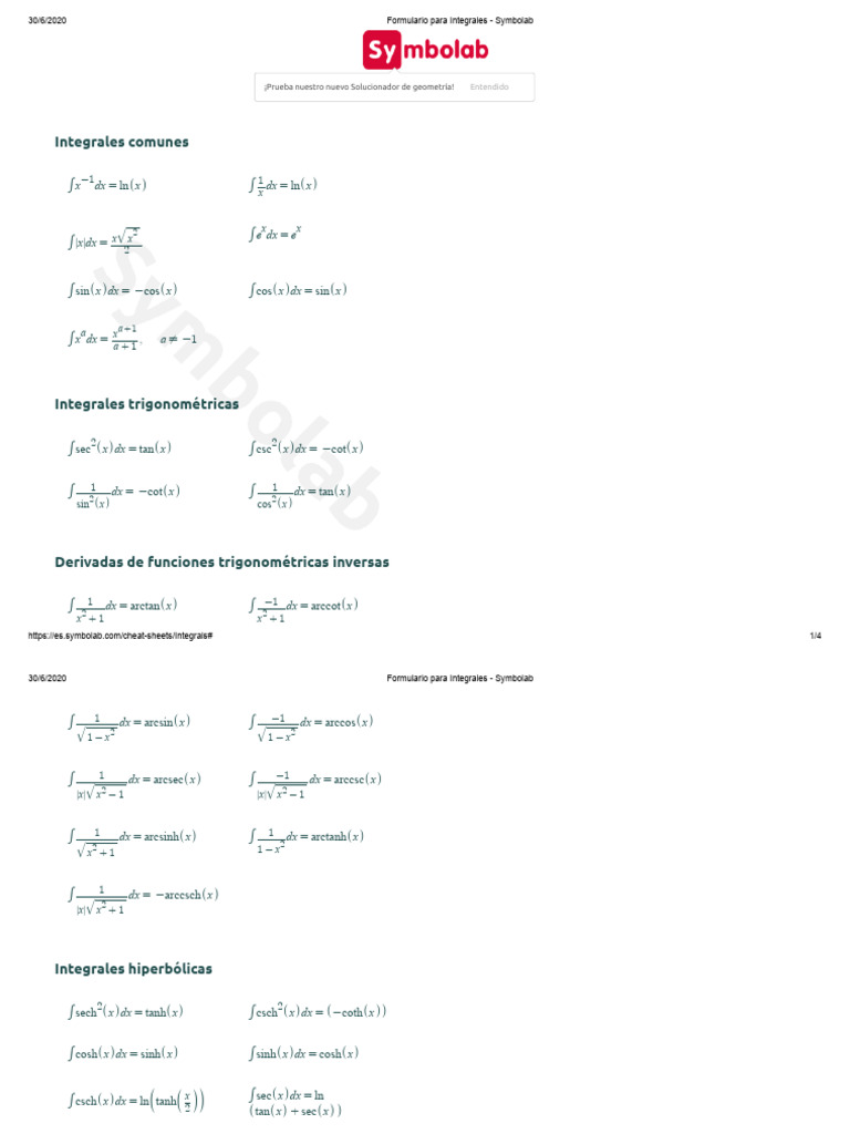 Formulario para Integrales | PDF | Elementary Mathematics | Special ...