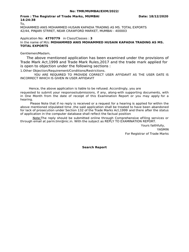 Examination Report | PDF | Trademark | Civil Law (Common Law)