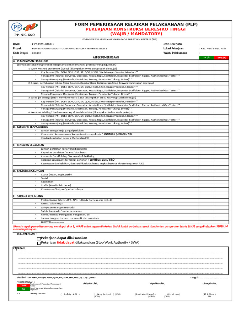 Form Pemeriksaan Kelaikan Pelaksanaan (PLP) Rev.01 | PDF