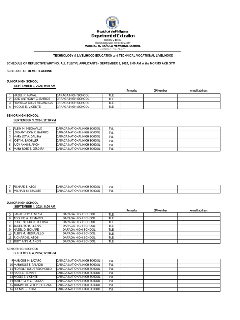TLE - T1applicants - Schedule of Demo Teaching&ReflectiveWriting | PDF