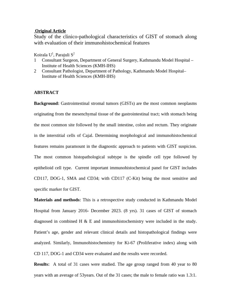Study of The Clinicopathological Characteristics of GIST of The Stomach Along With Evaluation of ...