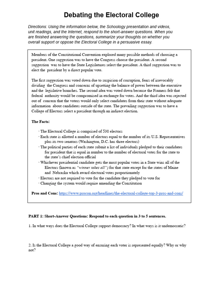 GOVH 4.3 Debating The Electoral College - Schoology | PDF ...