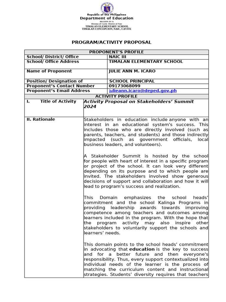 TES Activity Proposal Stakeholders Summit | PDF | Teachers | Learning