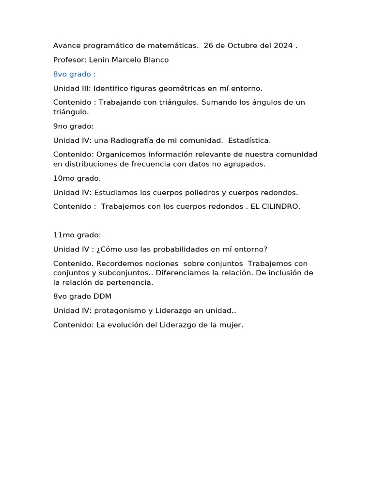 Avance Programático Matemáticas 19 Octubre 2024 | PDF | Ciencias sociales | Historia