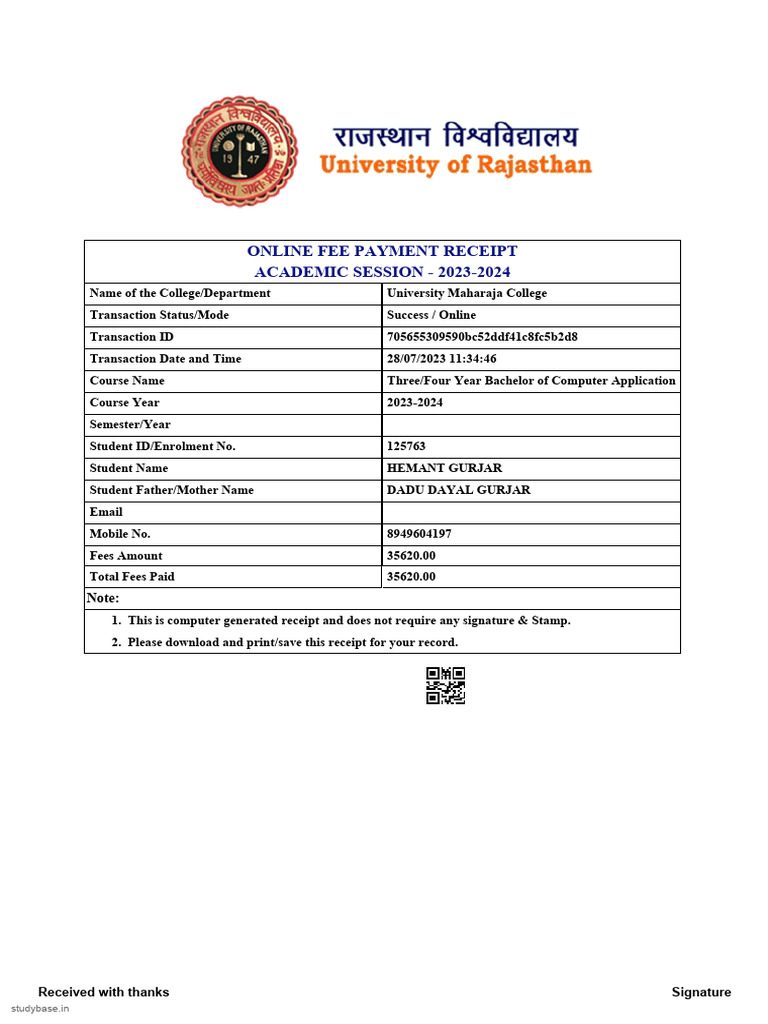 Hemant Fee Receipt | PDF