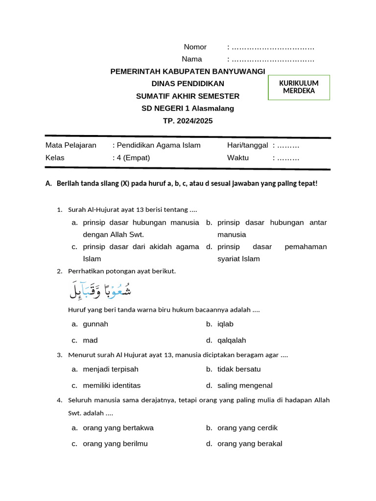 Soal Asas Ganjil PAI Kelas 4 | PDF