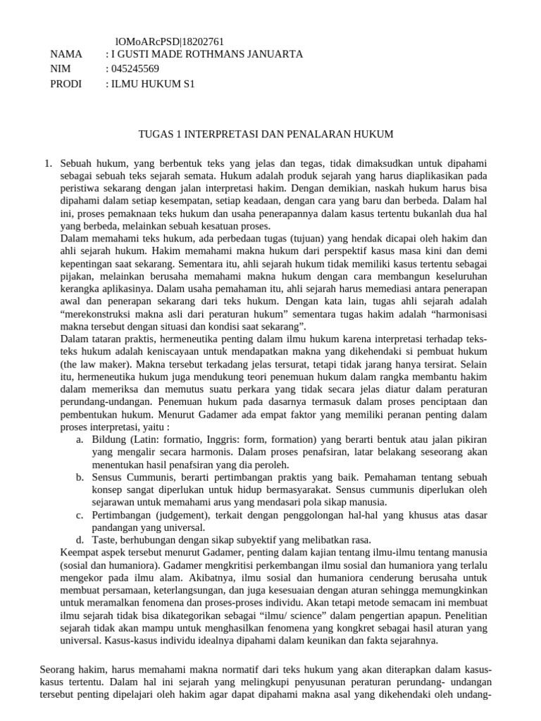 Tugas 1 Interpretasi Dan Penalaran Hukum | PDF