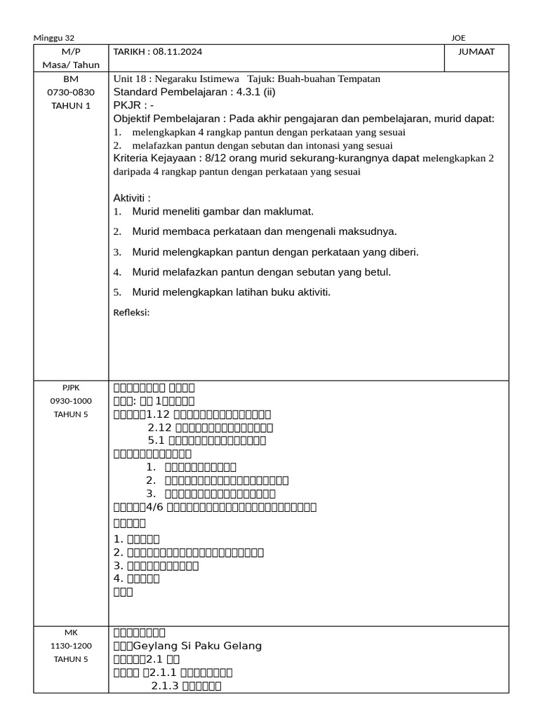 M/P Masa/ Tahun TARIKH: 08.11.2024 Jumaat BM 0730-0830 Tahun 1 | PDF