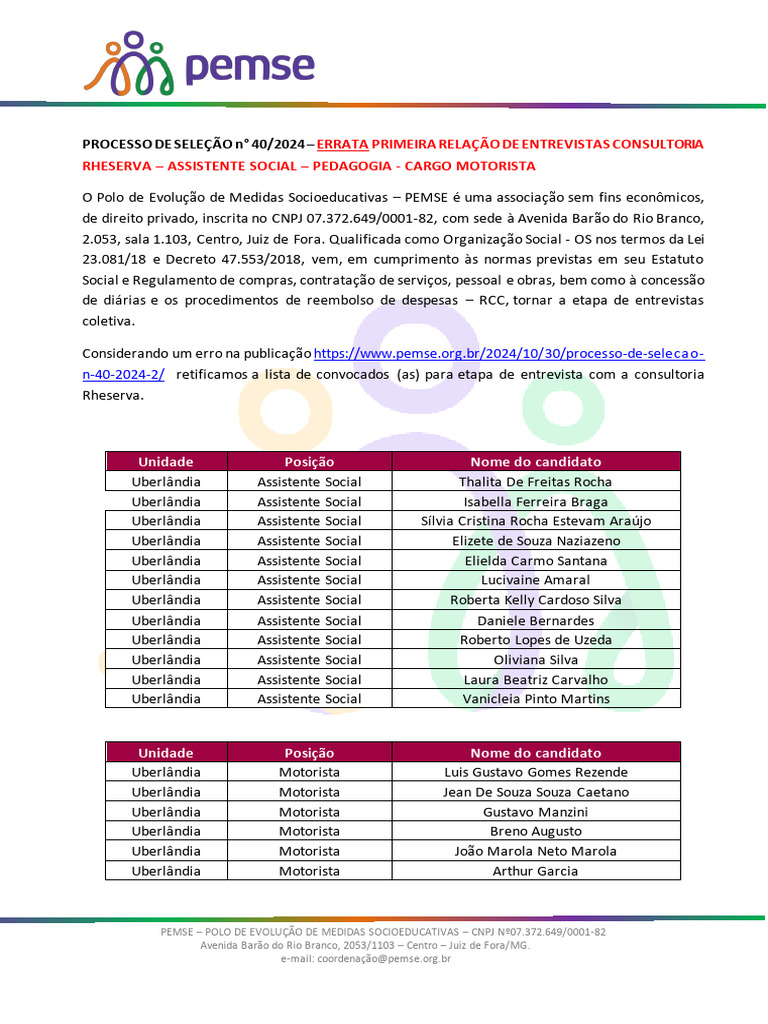 Processo-de-Sele O-40 2024 1-RELA O-ETAPA-RHESERVA Ped Serv - Social Motorista | PDF | Brasil