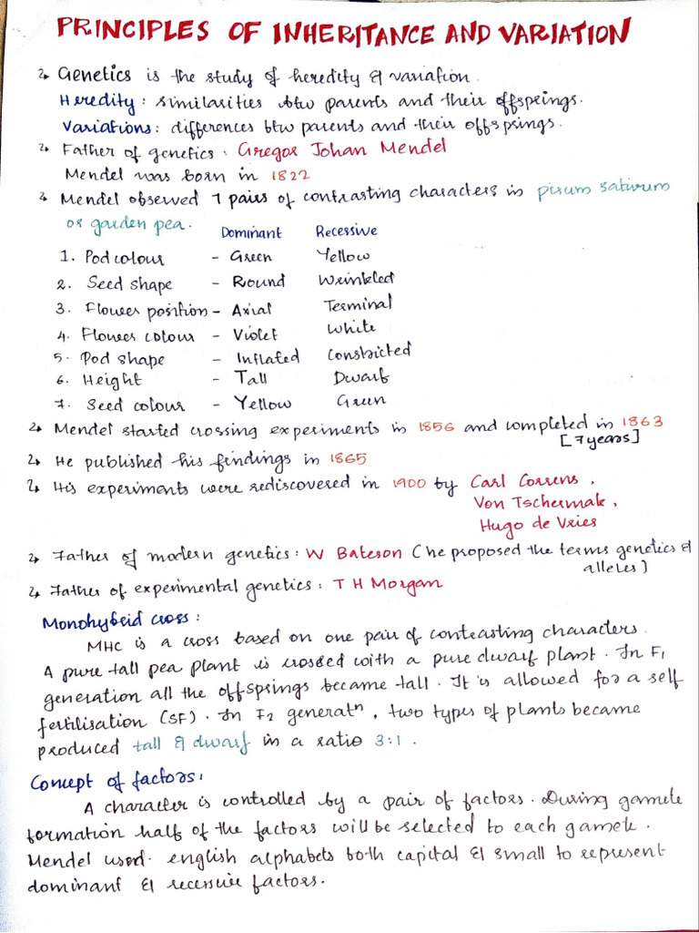 Principles of Inheritance and Variation Notes | PDF