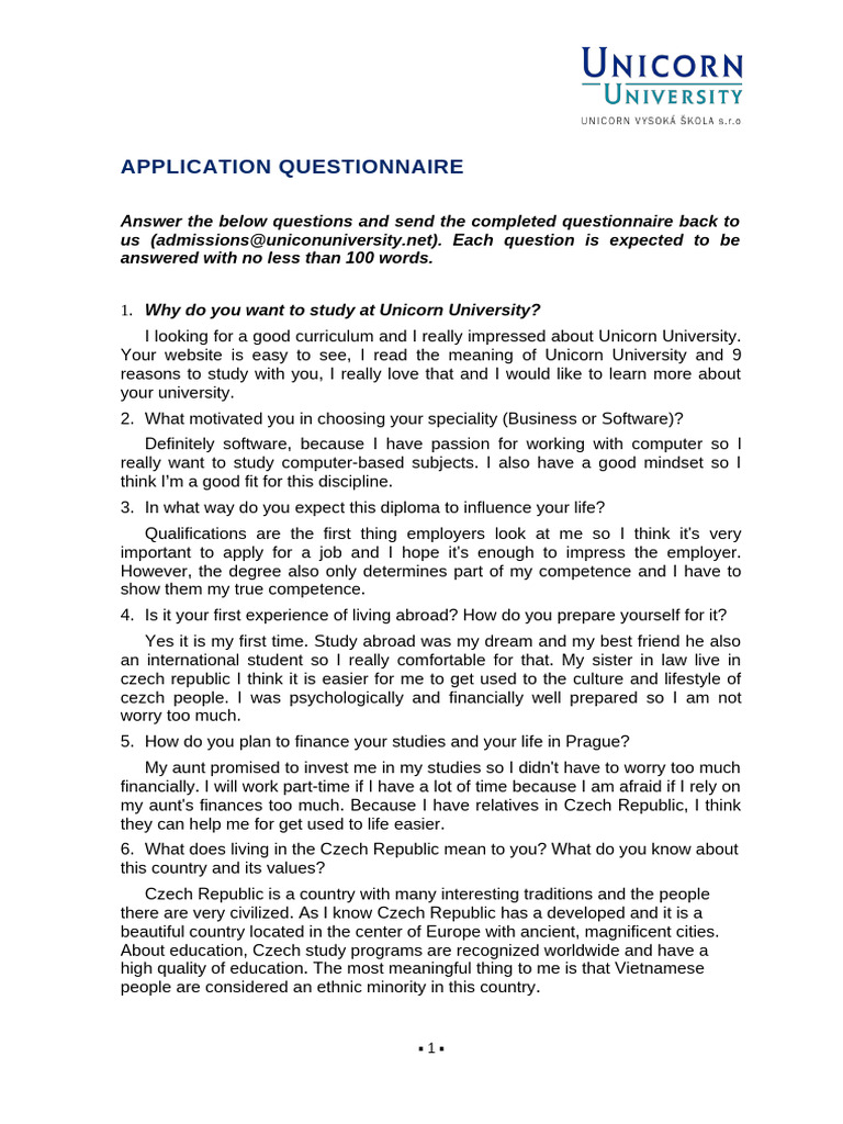 Application Questionnaire - Unicorn University | PDF | Cognition ...