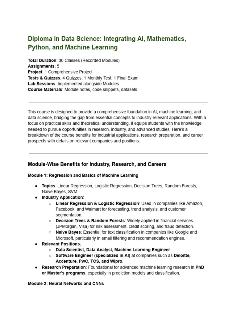 Diploma in Data Science: Integrating AI, Mathematics, Python, and Machine Learning | PDF ...