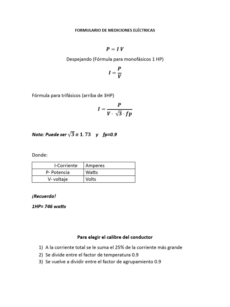 Formulario de Mediciones Eléctricas | PDF