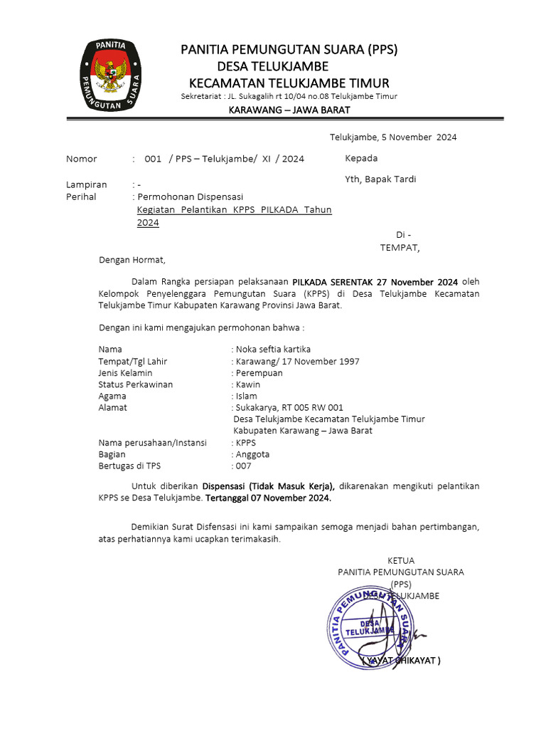 Surat Dispensasi KPPS DSTJ | PDF
