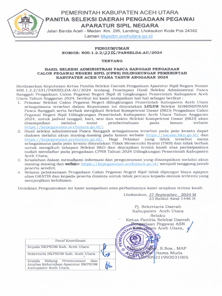 Pengumuman Hasil Seleksi Administrasi Pasca Sanggah Pengadaan CPNS Di Lingkungan Pemerintah Kab ...