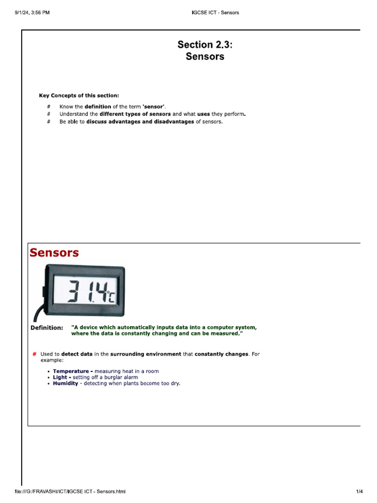 Igcse Ict Chapter 2 Input And Output Devices Part 2 Sensors Notes Pdf 2277