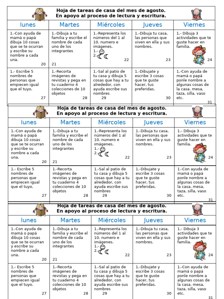 Hoja de Tareas Agosto | PDF