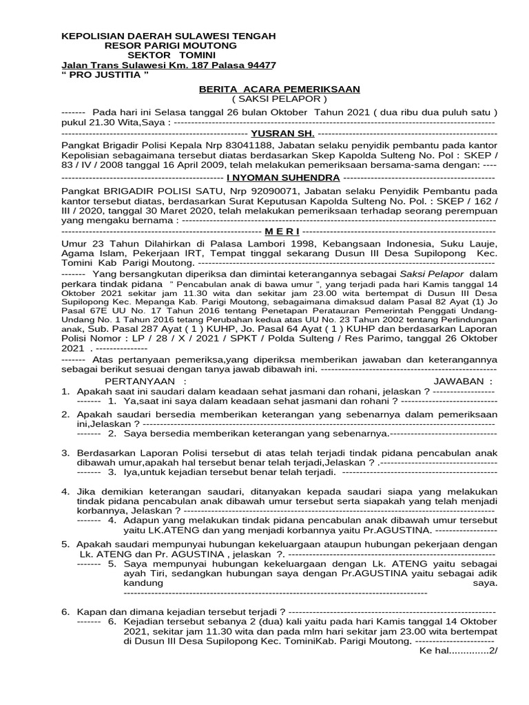 Bap Saksi Pelapor | PDF