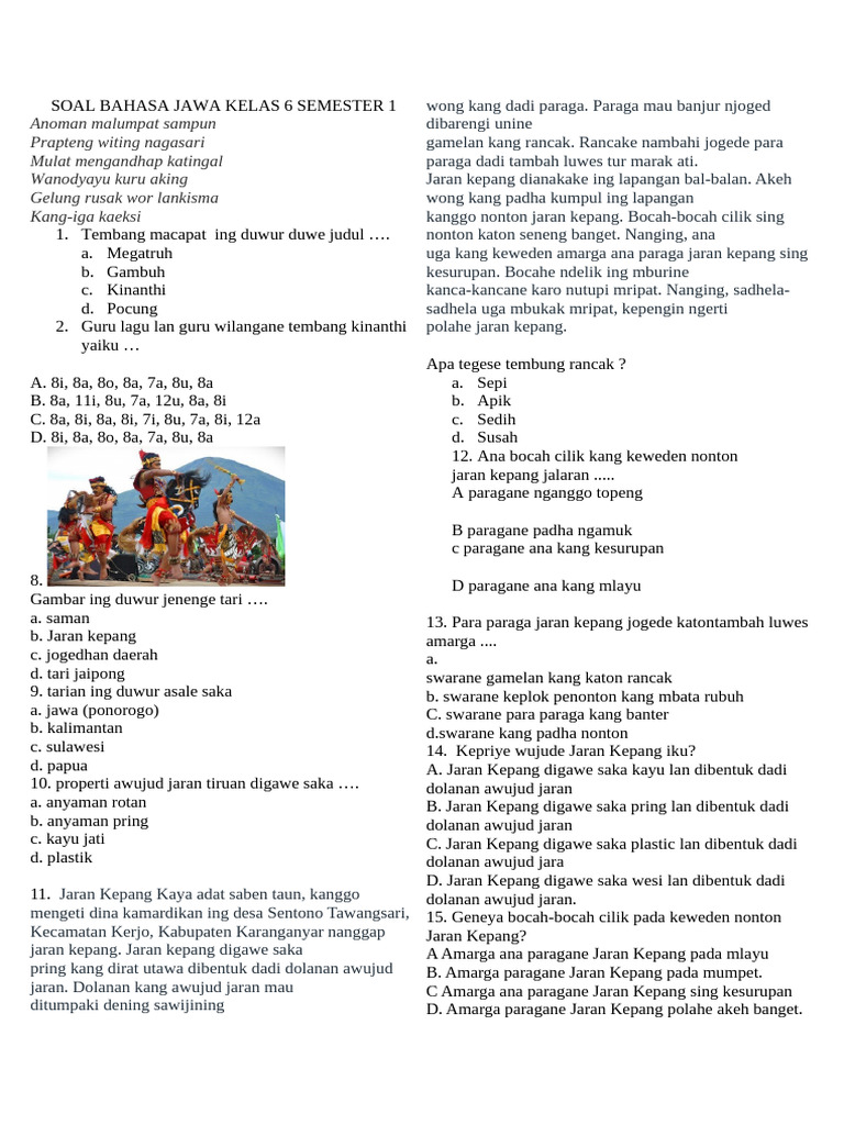 Soal Bahasa Jawa Kelas 6 Semester 1 | PDF