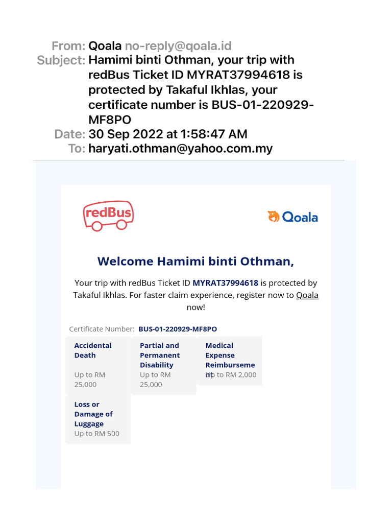 Hamimi Binti Othman, Your Trip With Redbus Ticket ID MYRAT37994618 Is Protected by Takaful ...