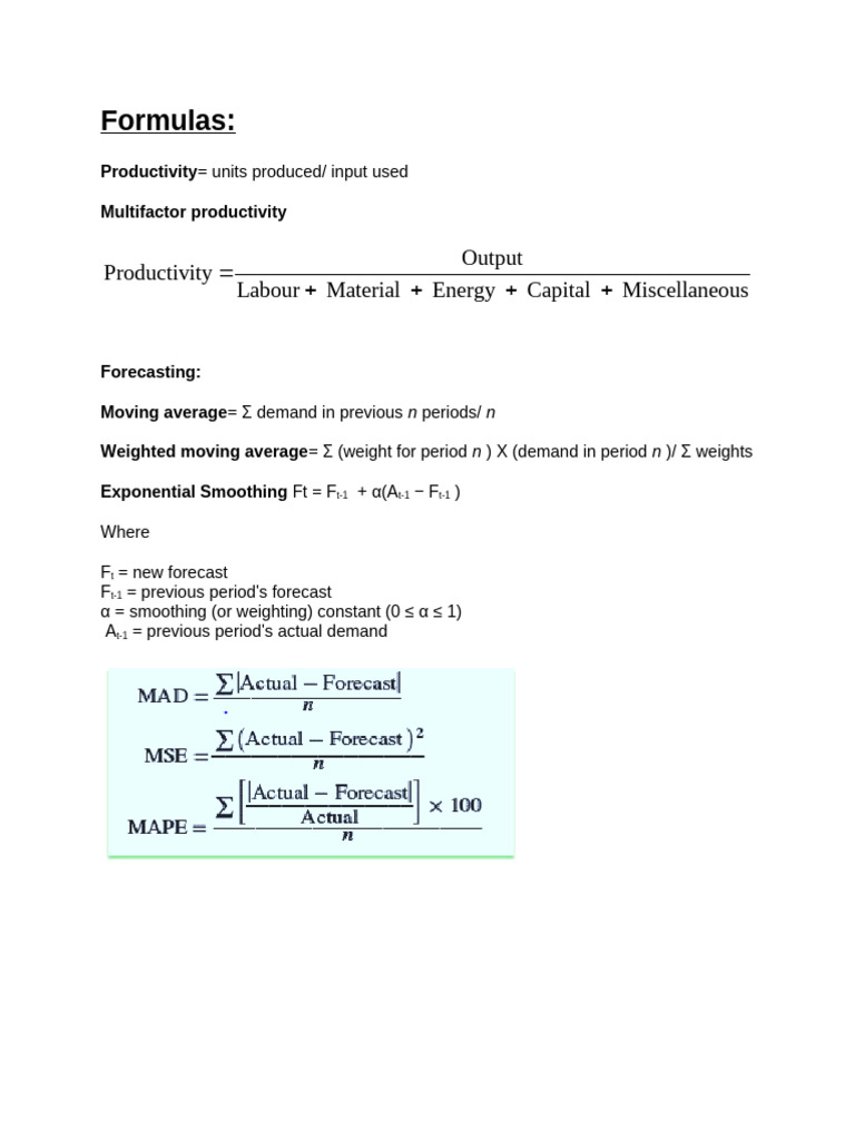 Formulas Operations MGMT Midterm Exam Humber | PDF